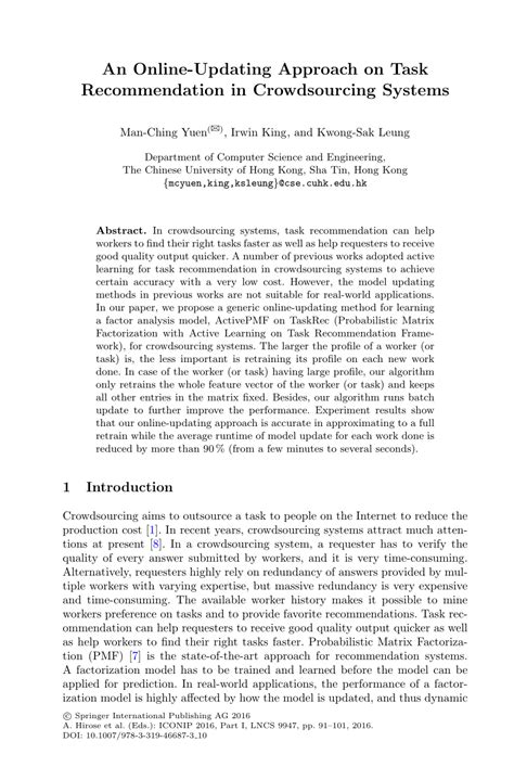Pdf An Online Updating Approach On Task Recommendation In Crowdsourcing Systems