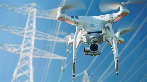 A Drone Soaring Near A High Voltage Tower Adorned With Power Lines