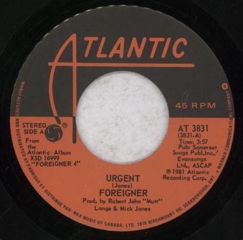 Foreigner Urgent Canadian 7 Vinyl Single 7 Inch Record 45 842733