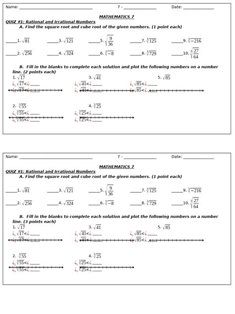 Quiz 1 Rational And Irrational Numbers Pdf Elementary Mathematics Mathematical Notation