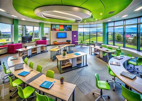 Modern Classroom Design With Curved Desks And Advanced Technology For