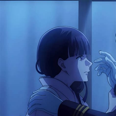 An Anime Character Looking In The Mirror With Her Hand On Her Face And Another Person Standing