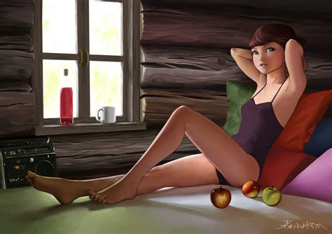 Balthus Fumichika Mori Tagme 1girl Apple Barefoot Black Hair Blue One Piece Swimsuit