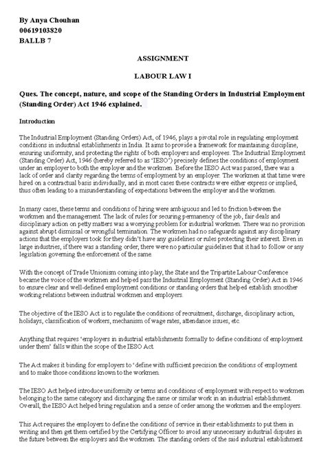 Asgmt Ll Ballb Assignment By Anya Chouhan 00619103820 Ballb 7 Assignment Labour Law I Ques