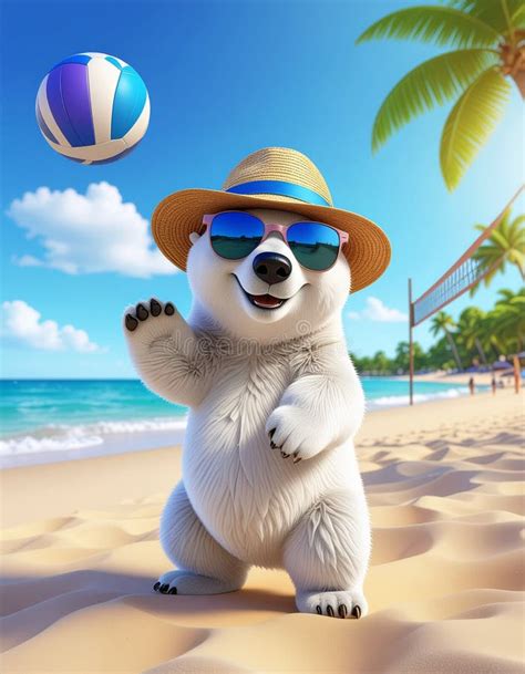 Oso Polar En La Playa En Caricatura De Verano Imagen De Archivo