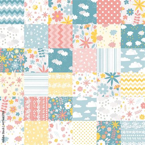 Vetor De Cute Seamless Patchwork Pattern From Square Patches With