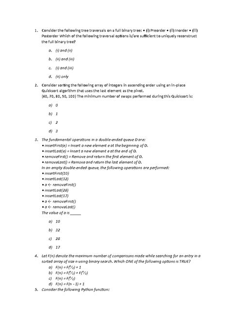 Data Structures Practice Questions For Comprehensive Aiandml Coursework
