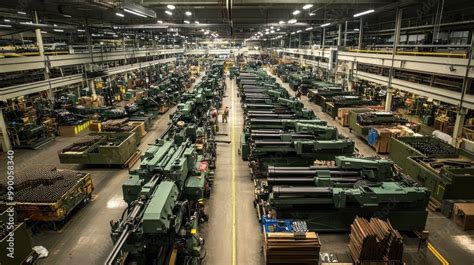 The Arms Industry In Full Production With Rows Of Military Equipment