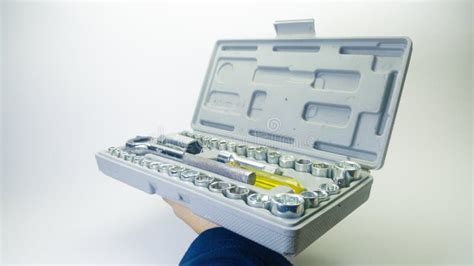 Socket Set Metal Bits For Socket Wrench Chrome Colored Selected Focus On White Background