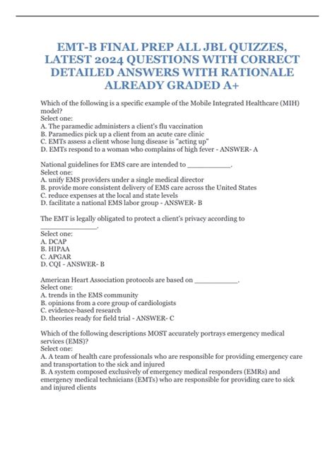 Emt B Final Prep All Jbl Quizzes Latest Questions With Correct Detailed Answers With