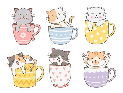 Cute Cats In Coffee Cups Doodle Drawing Collection