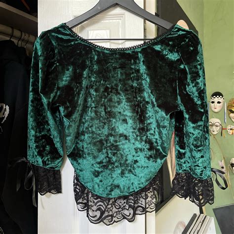 Widow Dollskill Dark Green Velvet Goth Style Top Depop