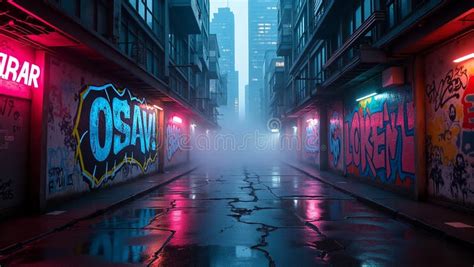 Urban Alleyway With Graffiti And Neon Lights During Foggy Night Stock