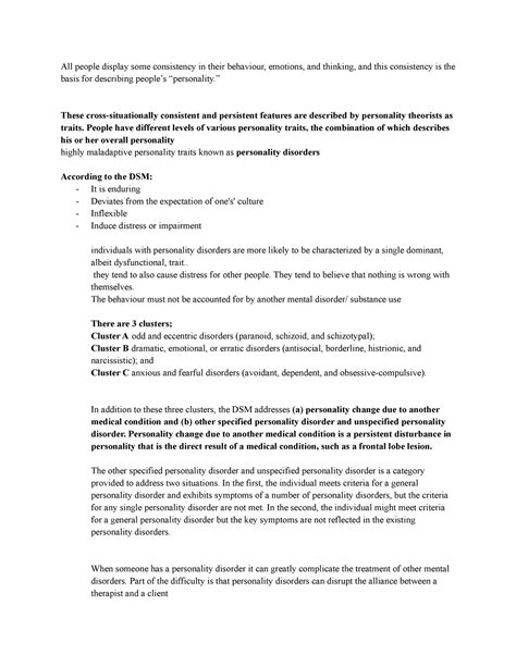 Personality Disorders Notes From Text All People Display Some Consistency In Their Behaviour