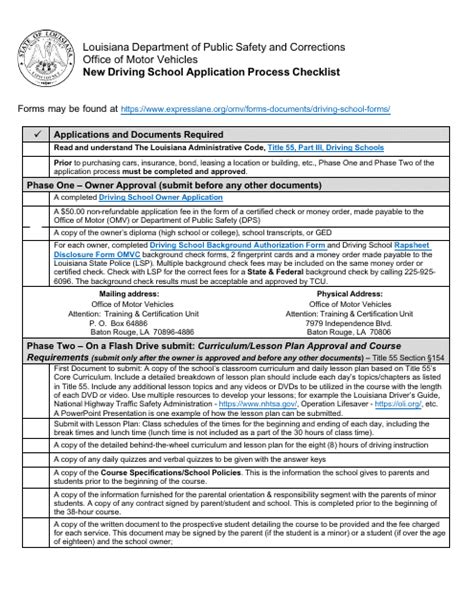 Louisiana New Driving School Application Process Checklist Fill Out