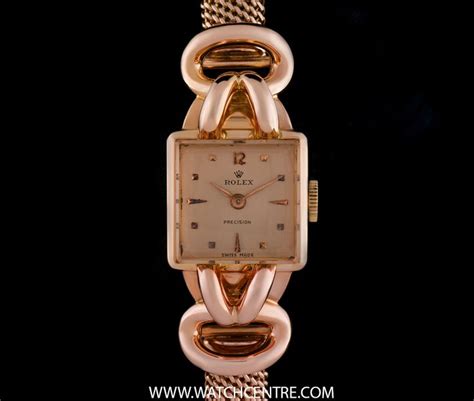 Rolex 18k Rose Gold Silver Square Dial Vintage Precision Ladies 4995