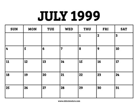 Calendar July 1999 Printable Old Calendars