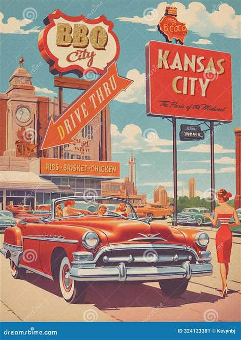 Kansas City Mo Vintage Travel Poster Bbq Barbecue Stock Illustration
