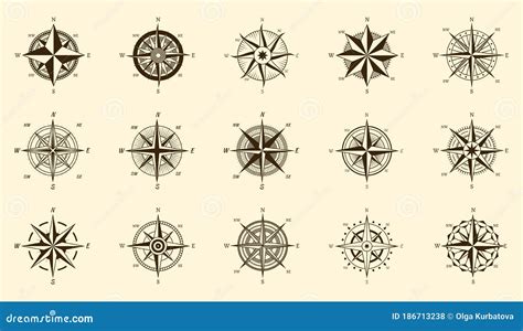 Compass Set North And South Direction Measure On Isolated Engraving Labels Vector Wind Rose