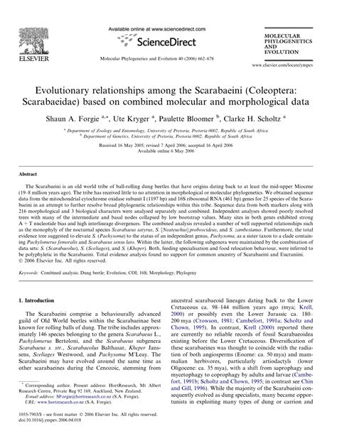Coleoptera Scarabaeidae Based On Combined Molecular And Morphological