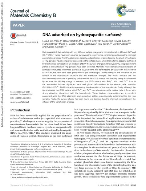Pdf Dna Adsorbed On Hydroxyapatite Surfaces