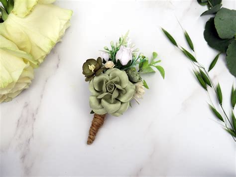 Wedding Boutonniere Sage Green Boutonniere Rustic Button Etsy
