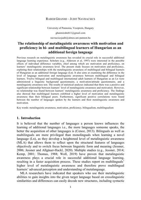 Pdf The Relationship Of Metalinguistic Awareness With Motivation And Proficiency In Bi And
