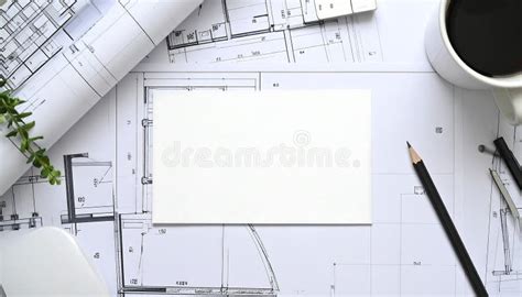 Blank Card Mockup On Architectural Blueprints With Coffee Pencil And