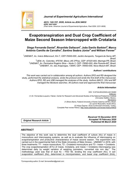 Pdf Evapotranspiration And Dual Crop Coefficient Of Maize Second Season Intercropped With