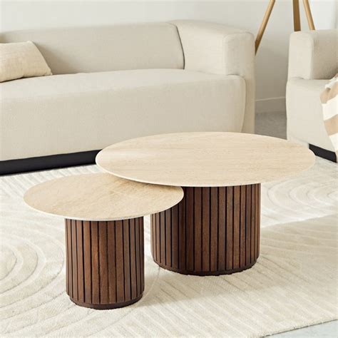 Buy Fluted 2 Piece Genuine Travertine Top Round Coffee Table With Solid