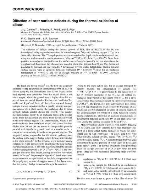 Pdf Diffusion Of Near Surface Defects During The Thermal Oxidation Of