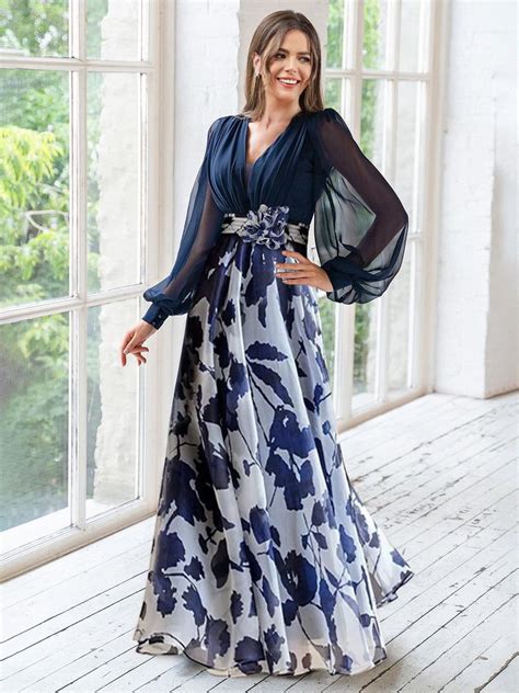 A Line Princess V Neck Long Sleeves Floor Length Floral Mother Of The