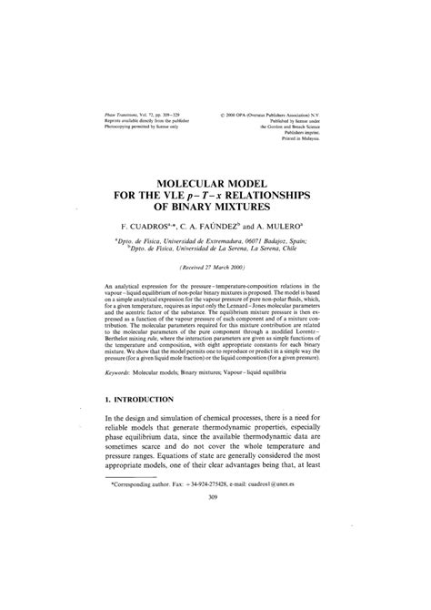 Pdf Molecular Model For The Vle P T X Relationships Of Binary Mixtures