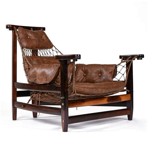 Brazilian Jangada Rosewood And Leather Sling Chair With Ottoman By Jean