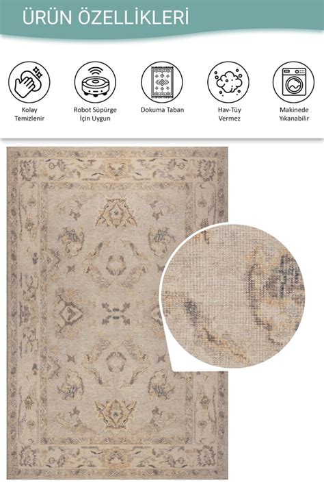 Relic Bej Vintage Dokulu Klasik Desenli Dokuma Tabanlı Şönil Halı Al 518