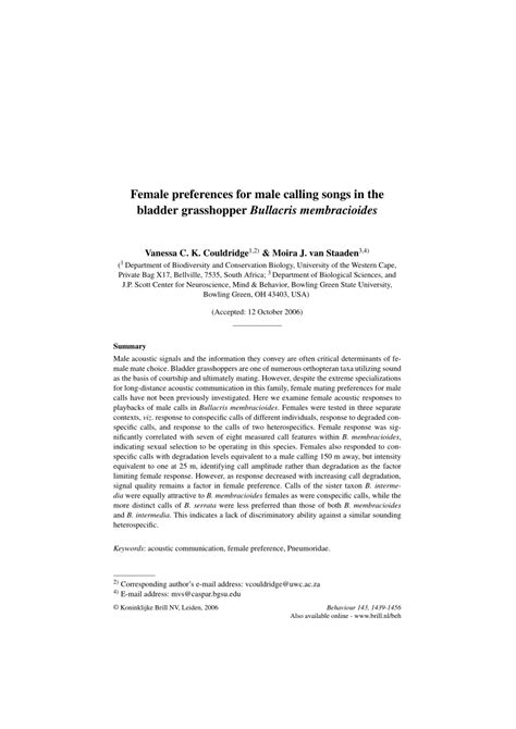 Pdf Female Preferences For Male Calling Songs In The Bladder Grasshopper Bullacris Membracioides