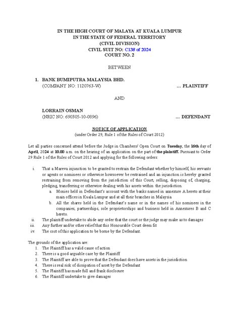 Drafting Exercise Form 57 Noa In The High Court Of Malaya At Kuala