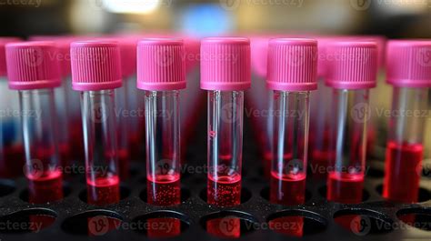 Laboratory Vials Filled With Red Liquid Are Neatly Organized In A Rack