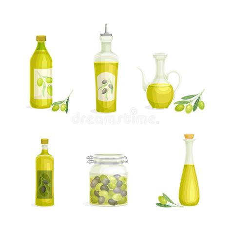 Olives In Glass Jar And Oil In Jug And Corked Bottle Vector Set Stock