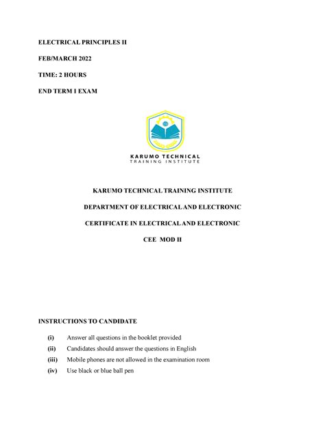 Electrical Principles Ii Electrical Principles Ii Feb March 2022 Time 2 Hours End Term I Exam