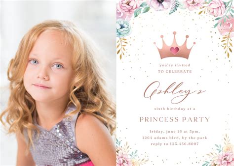 Floral Princess Photo Birthday Invitation Template Free Greetings Island