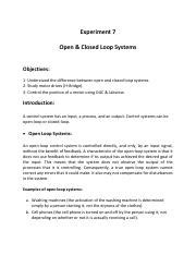 Experiment #7.pdf - Experiment 7 Open & Closed Loop Systems Objectives: 1- Understand the ...