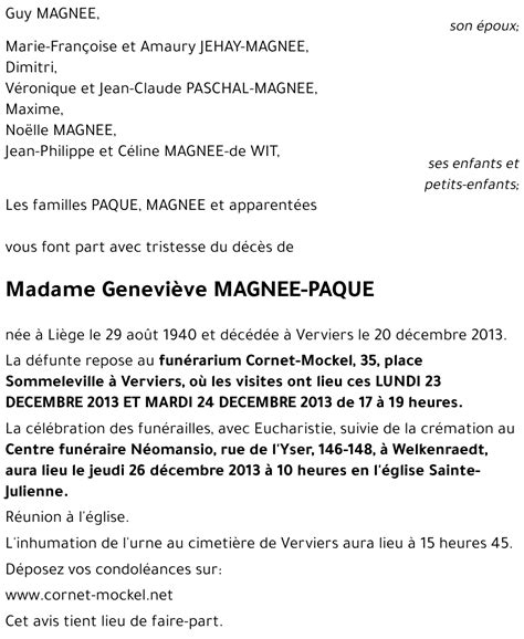 Avis De Décès De Geneviève Paque Décédé Le 20 12 2013 à Verviers Annonce Condoléances Fleurs
