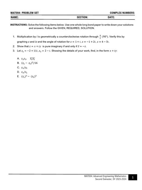 Mat004 Problem Set Complex Numbers Pdf