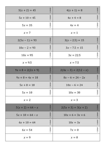 Solving Equations Card Sort Containing Brackets And Unknown On Both