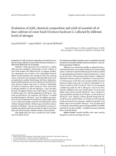 Pdf Evaluation Of Yield Chemical Composition And Yield Of Essential