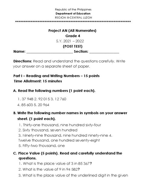 Project An All Numerates Grade 4 Post Test Analyzing Students