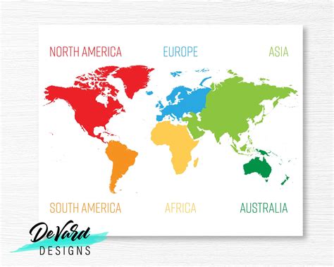 World Wall Map Colorful Classroom Chart Instant Download Wall Art