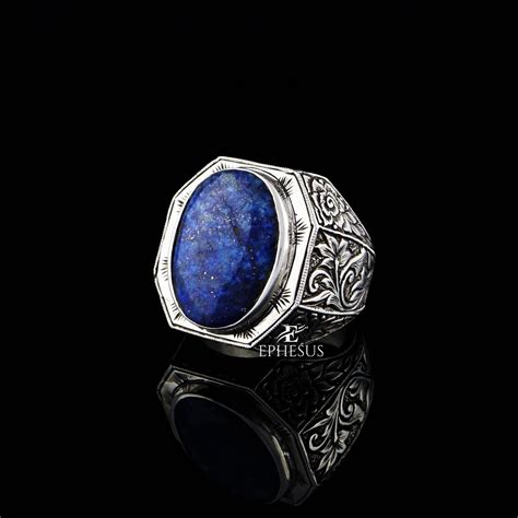 Large Lapis Lazuli Ring Blue Silver 75 Ephesus Mens Rings