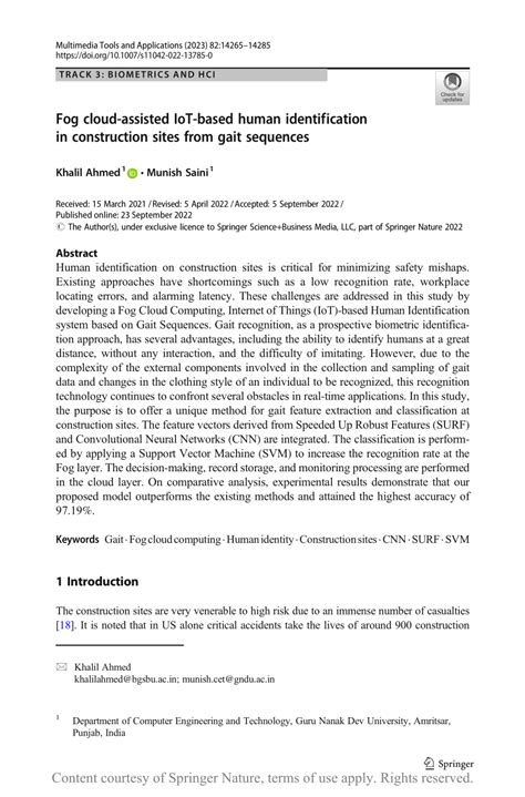 Fog Cloud Assisted Iot Based Human Identification In Construction Sites